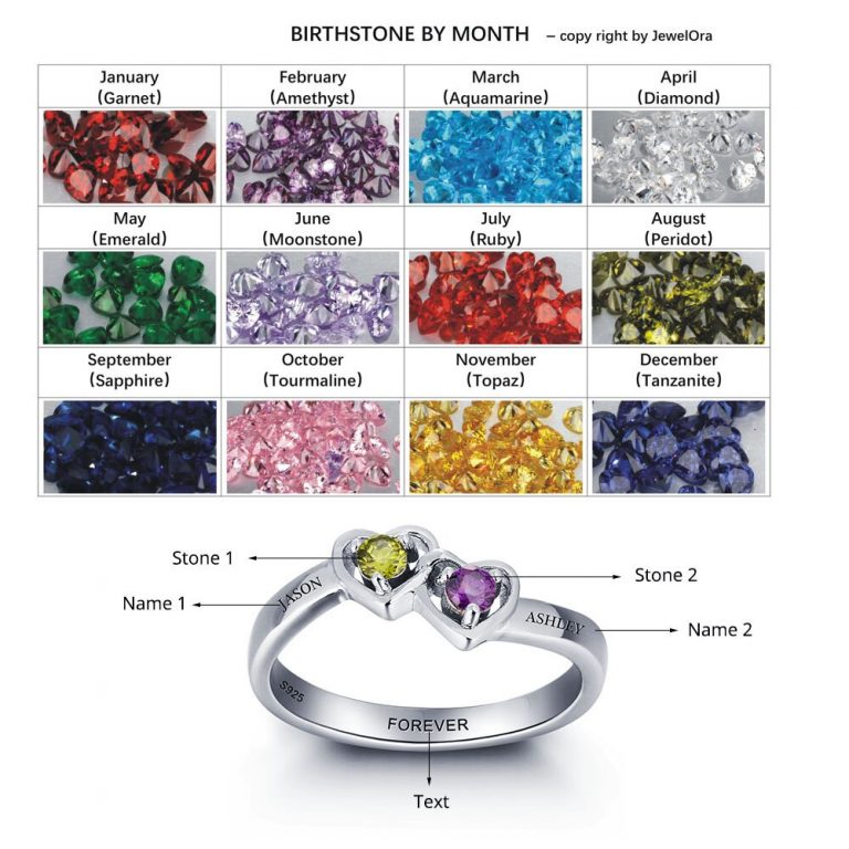 Personalized Engrave Birthstone Heart Ring 12 Colors Stone 925 Sterling ...