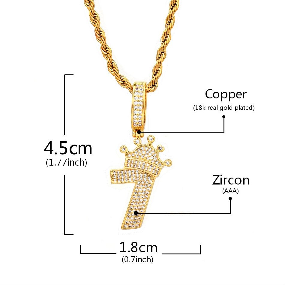 Shiny Crown Number 7 Necklace bling Chain Gold Color Iced Cubic Zircon ...
